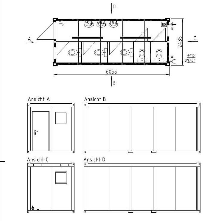 Sanitärcontainer, WC-Container (WC-Damen und WC-Herren), Sanitäranlagen, Toilettencontainer und ...